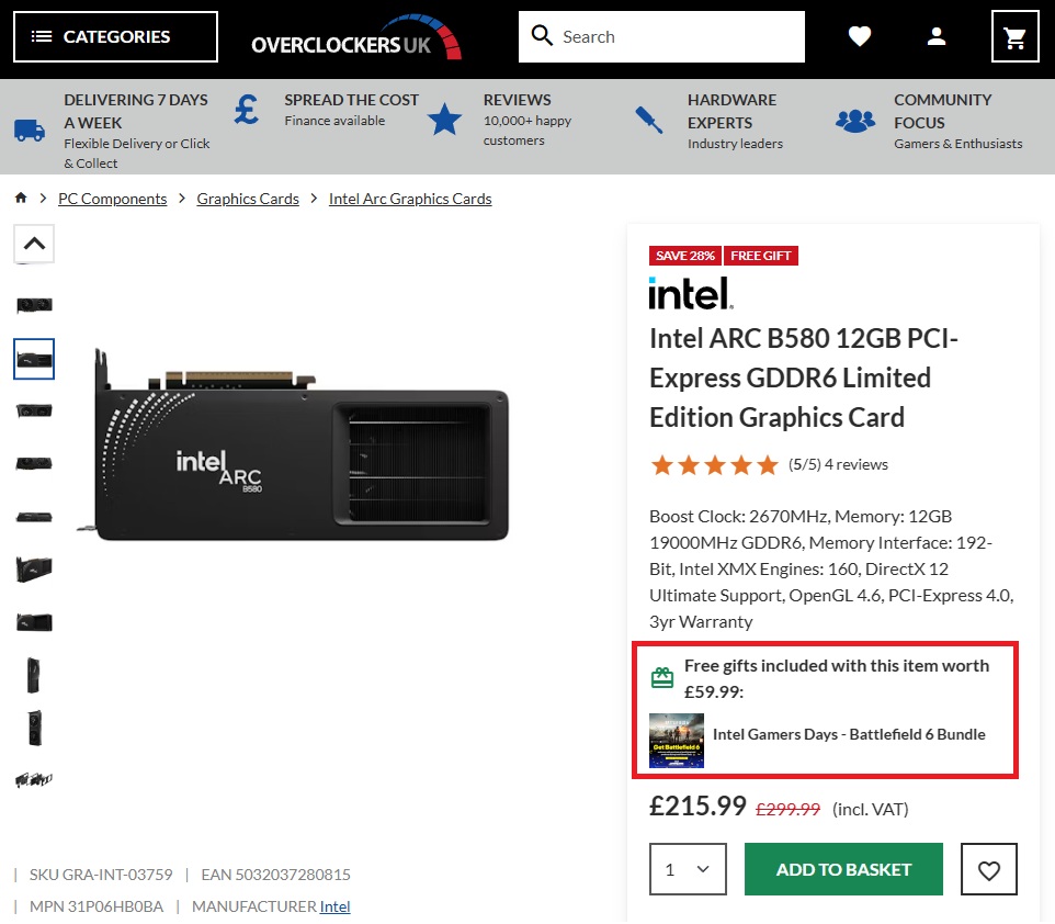 Intel ARC B580 12GB drops to £215.99 with Battlefield 6 - OC3D